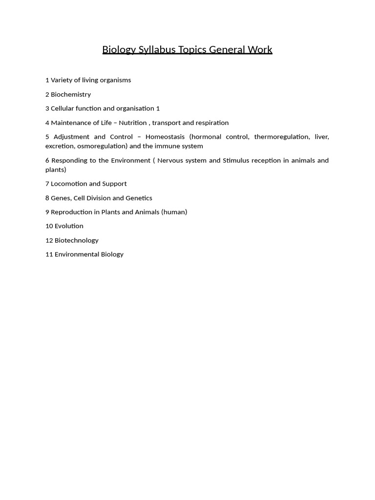 Biology Syllabus Topics General Work | PDF