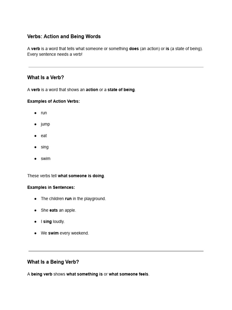 Verbs - Action and Being Words | PDF