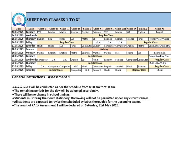 Date Sheet of Class 1 To 11 PA 1 | PDF