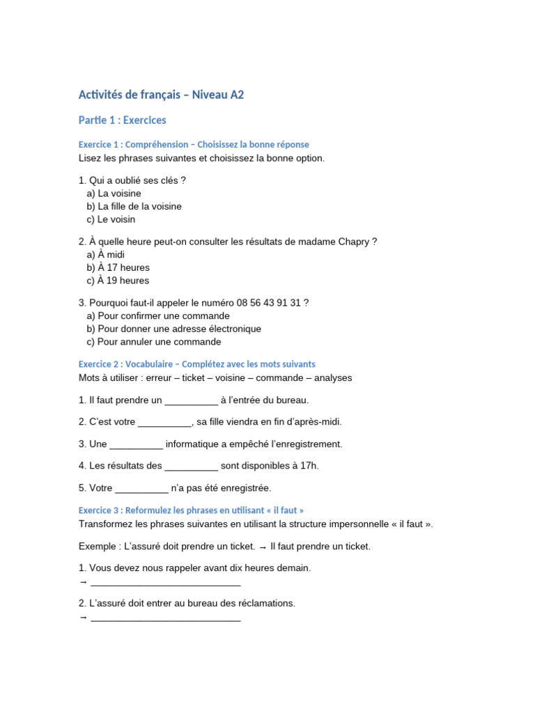 Exercices de Français Niveau A2 PDF | PDF