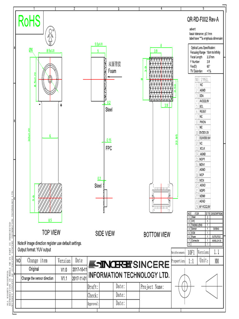 SF-AOV5640-TS03 AF CAMERA MODULE V1.1 MIPI SPEC | PDF