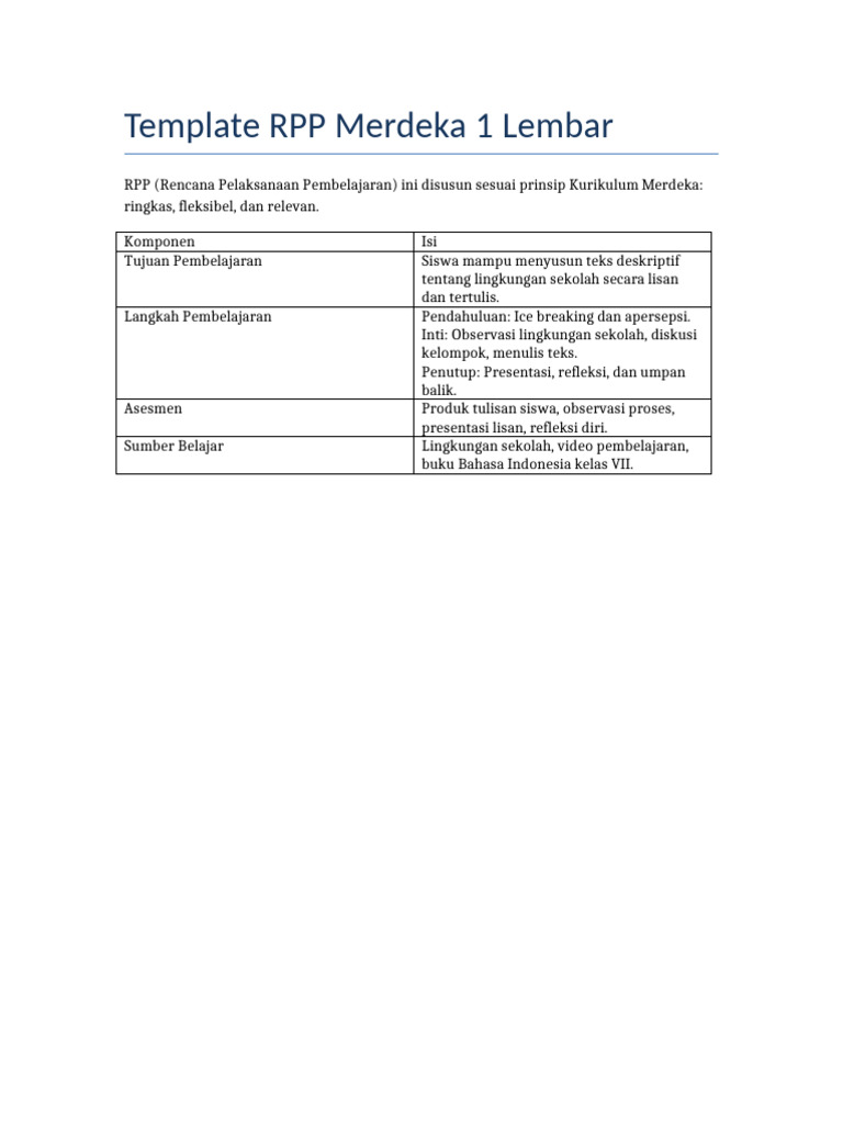 Template RPP Merdeka 1 Lembar | PDF
