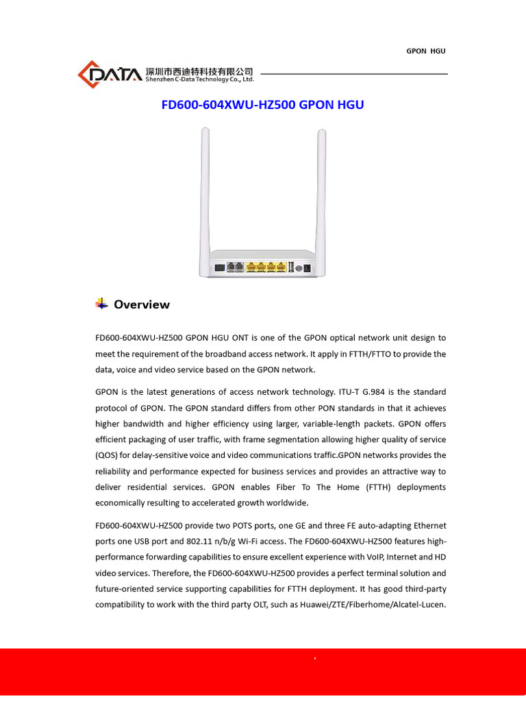 Fd600-604xwu-Hz500 Datasheet v1 0 | PDF | Fiber To The X | Computer Network