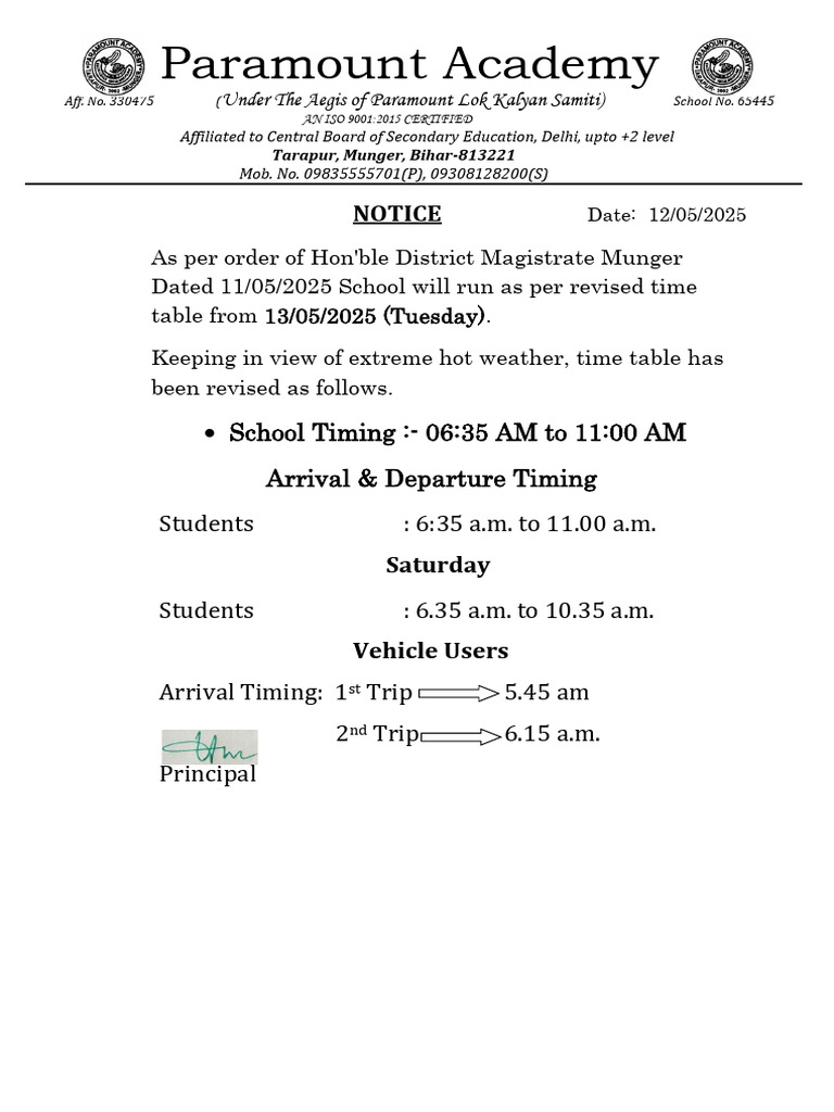 Revised School Timetable Notice 2025 | PDF