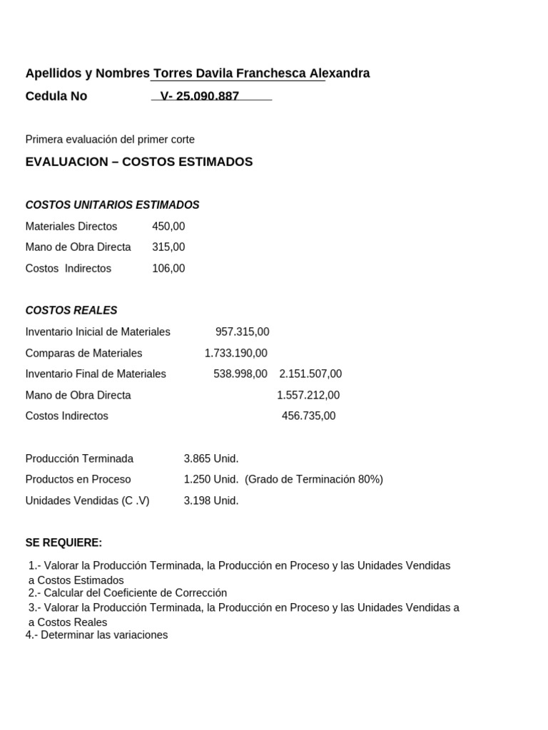 I Actividad I - I CORTE EVALUACION - COSTOS ESTIMADOS FRANCHESCA | PDF