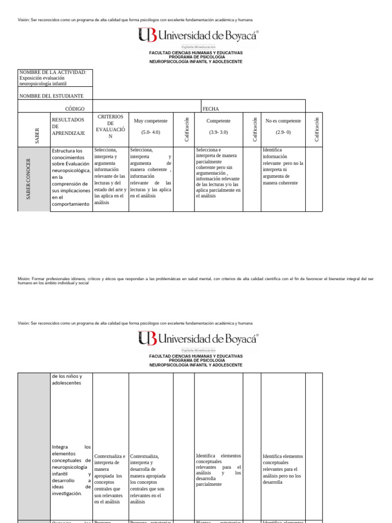 Rubrica Expo Neuro Infa | PDF | Sicología | Neuropsicología
