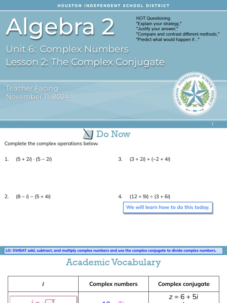 StudentALG2 - SD - 11.11 Complex Conjugate | PDF | Complex Number | Factorization
