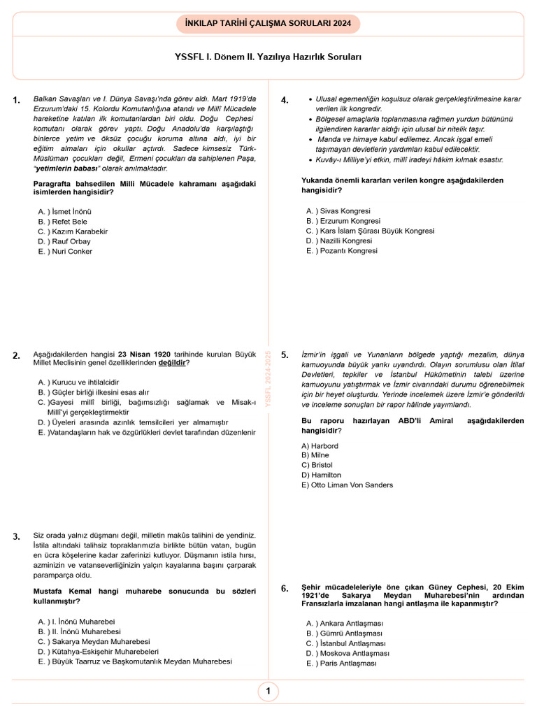 Inkilap Tarihi Calisma Sorulari 2024 | PDF