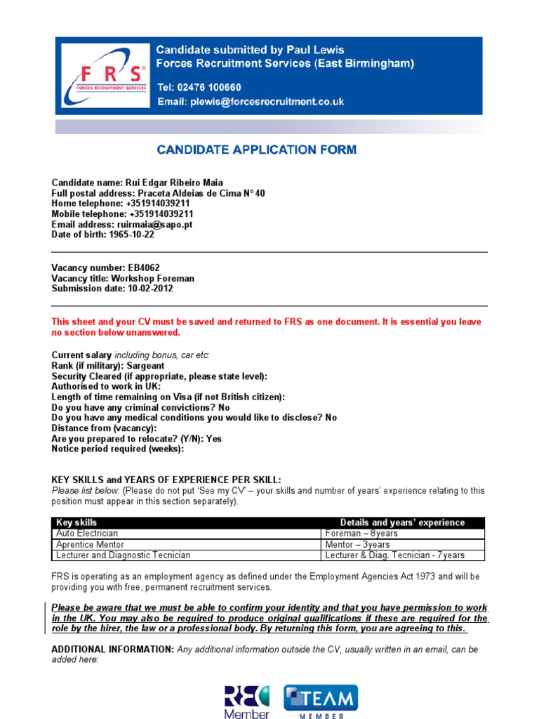 Application Form | PDF | Electrician | Apprenticeship