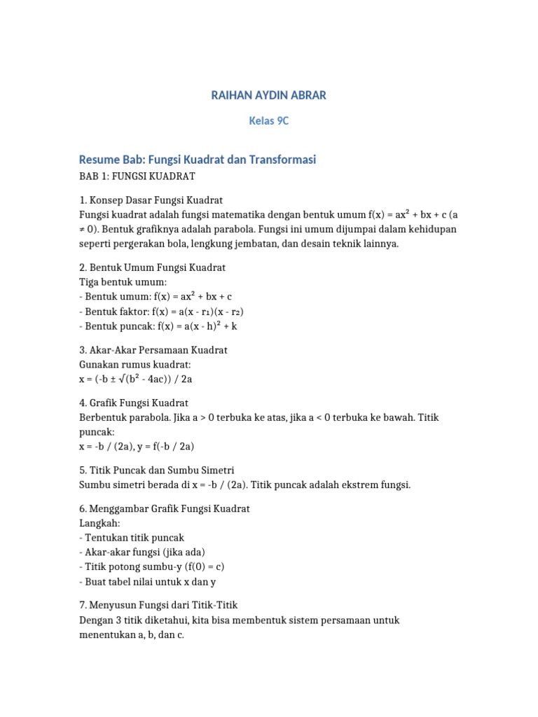 Resume_Fungsi_Kuadrat_dan_Transformasi_Raihan_Aydin_Abrar | PDF