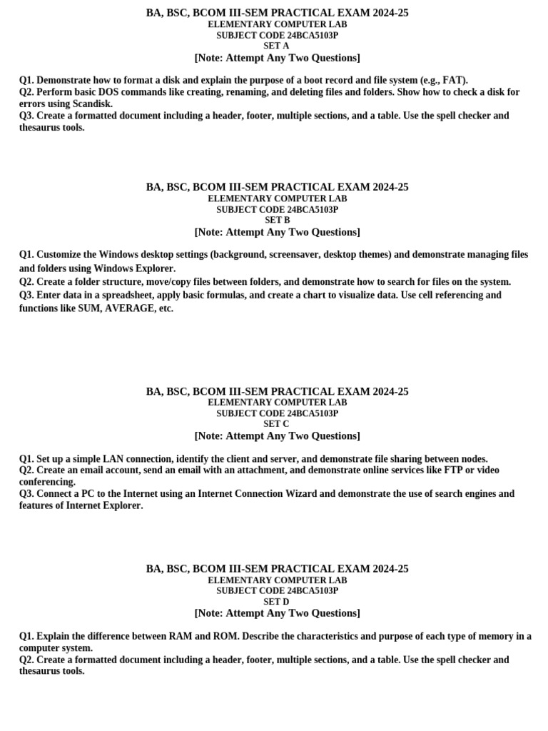 Practical QUESTIONS ELEMENTARY COMPUTER LAB BA, BSC, BCOM III SEM | PDF | Computer File ...