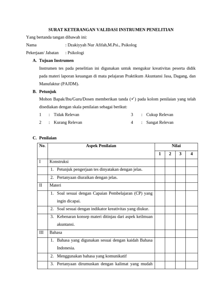 Surat Keterangan Validasi Instrumen Penelitian | PDF