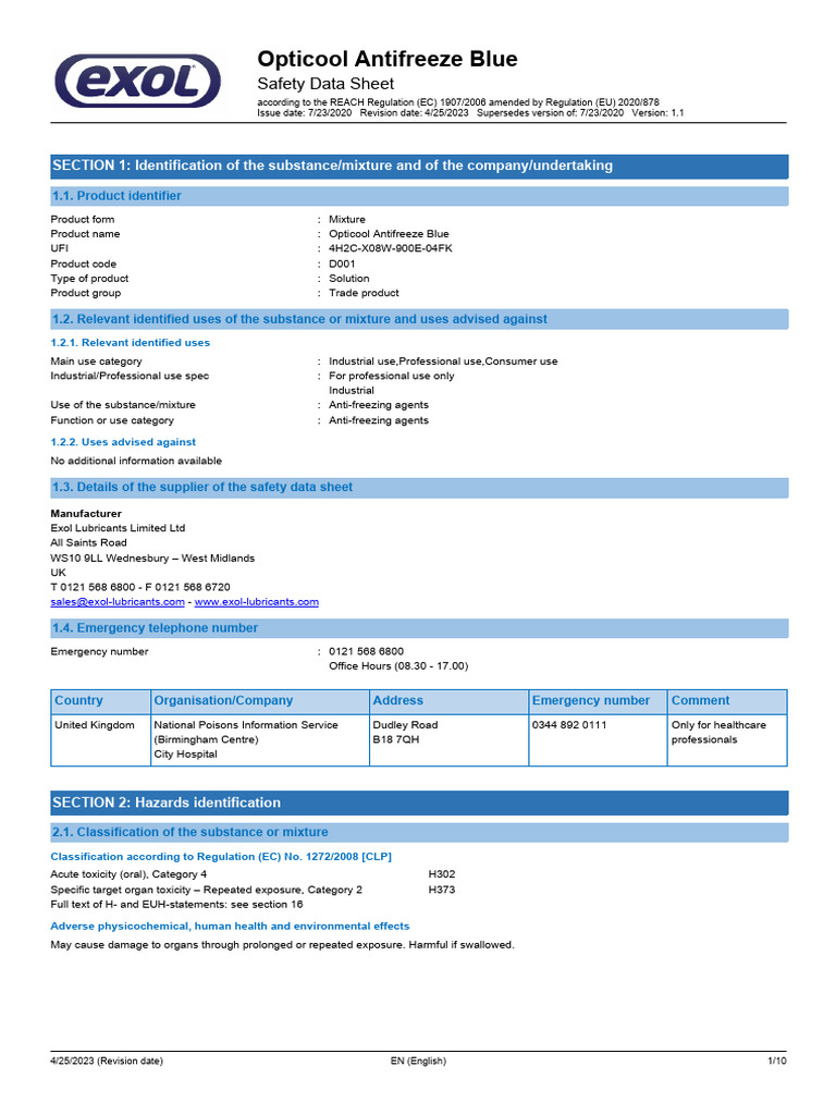 Opticool Antifreeze Blue Safety Data Sheet | PDF | Dangerous Goods ...
