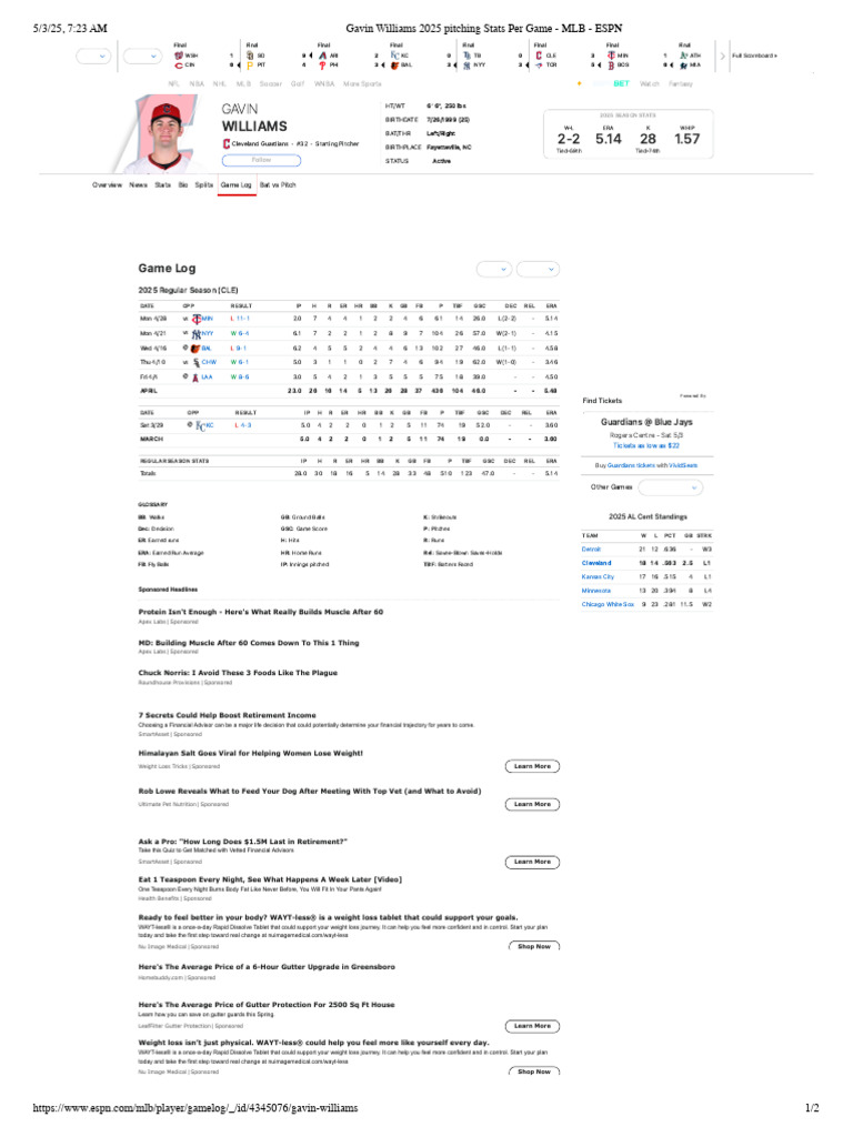Gavin Williams 2025 Pitching Stats Per Game - MLB - ESPN | PDF | Major ...