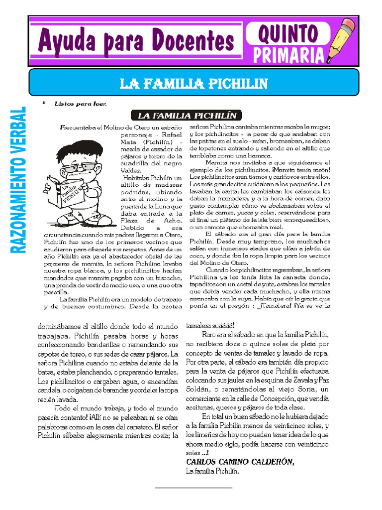 La Familia Pichilin para Quinto de Primaria | PDF