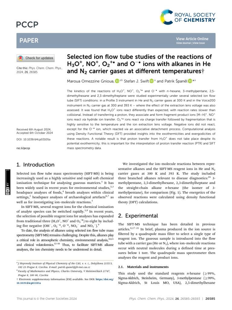 Selected Ion Flow Tube Studies of The Reactions of H3O+, NO+, O2+ and O ...