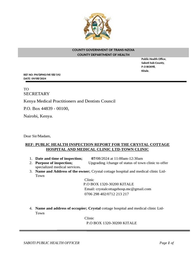 Public Health Inspection Report: Crystal Cottage Hospital | PDF ...