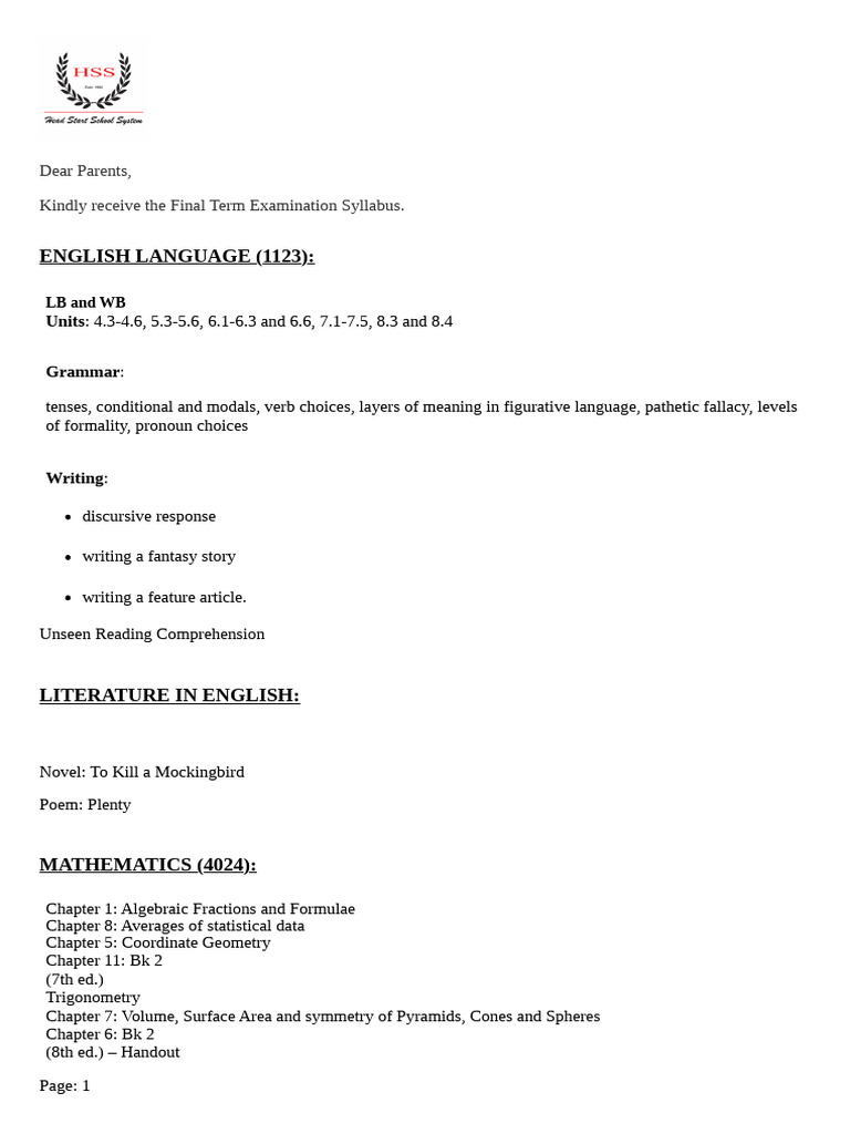 Final Term Examination Syllabus Grade IX | PDF | All India Muslim League