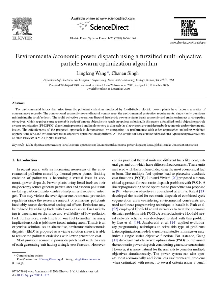 Environmental/economic Power Dispatch Using A Fuzzified Multi-Objective Particle Swarm ...