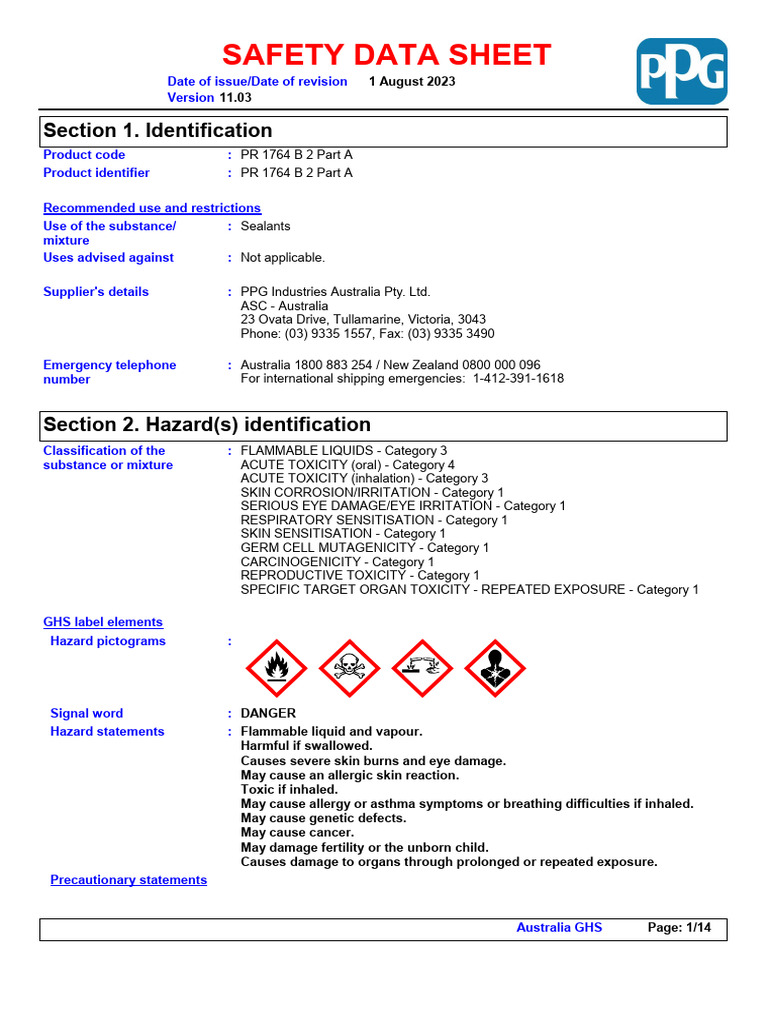 PR 1764 B 2 Part A Safety Data Sheet | PDF | Toxicity | Dangerous Goods