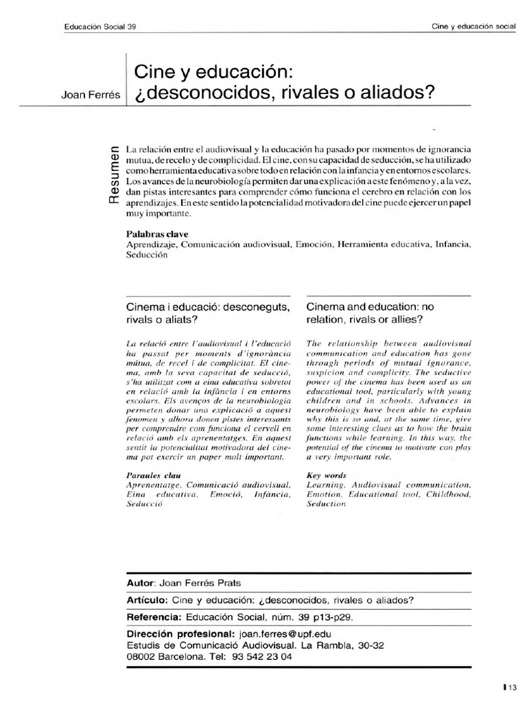 Cine y Educación - ¿Desconocidos, Rivales o Aliados - Raco | PDF