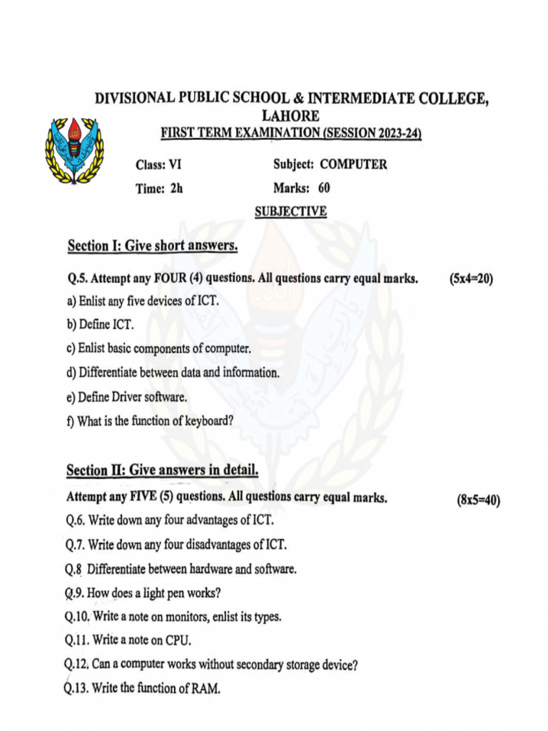 Class 6 1st Term 2023 Papers DPS | PDF | Anatomy | Biology