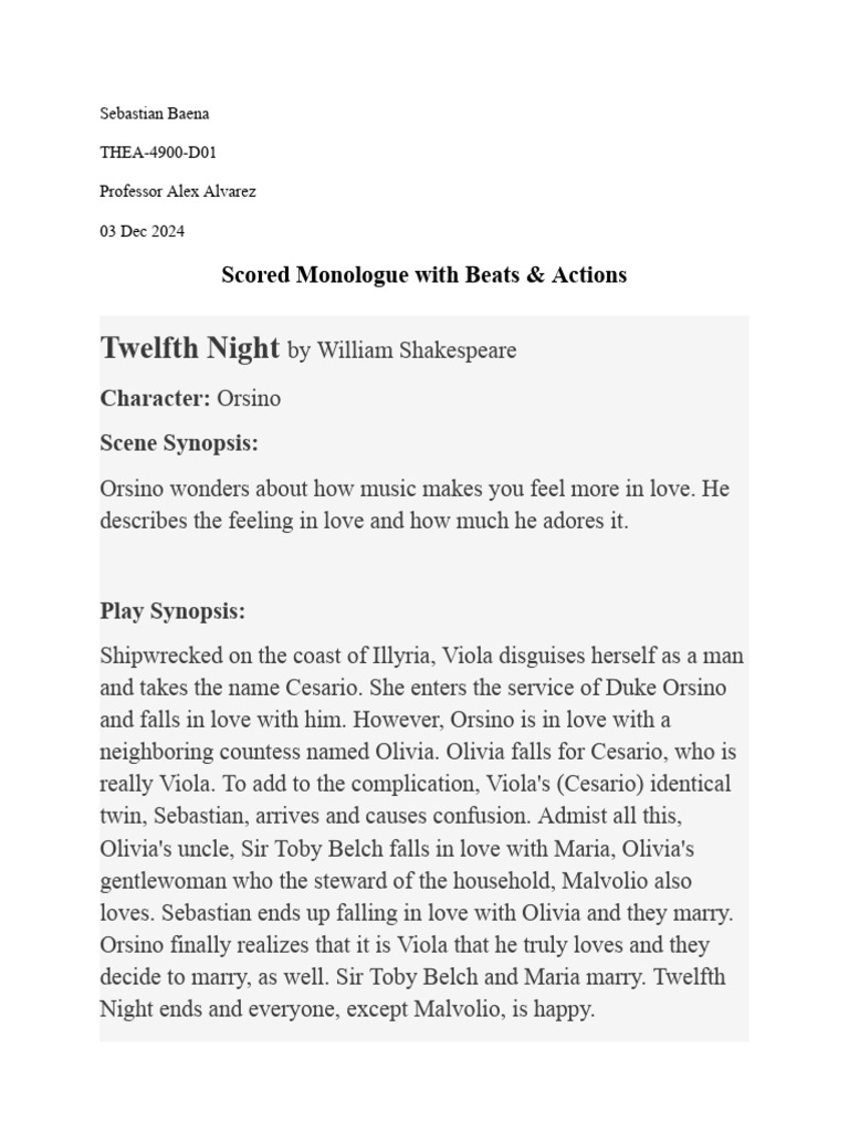 12th Night Scored Monologue With Beats & Actions | PDF