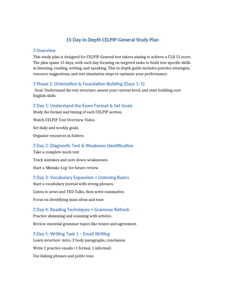 15 Day CELPIP Study Plan in Depth | PDF | Vocabulary | Learning