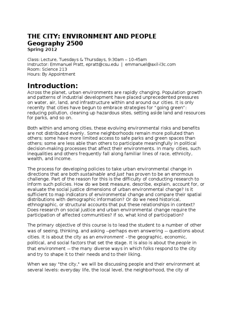The City: Environment and People Geography 2500: Spring 2012 | PDF ...