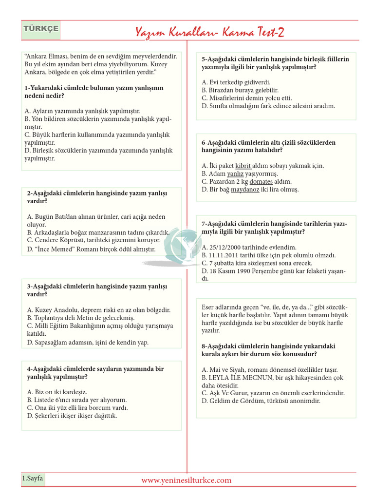 Yazim Kurallari Karma Test 2 | PDF