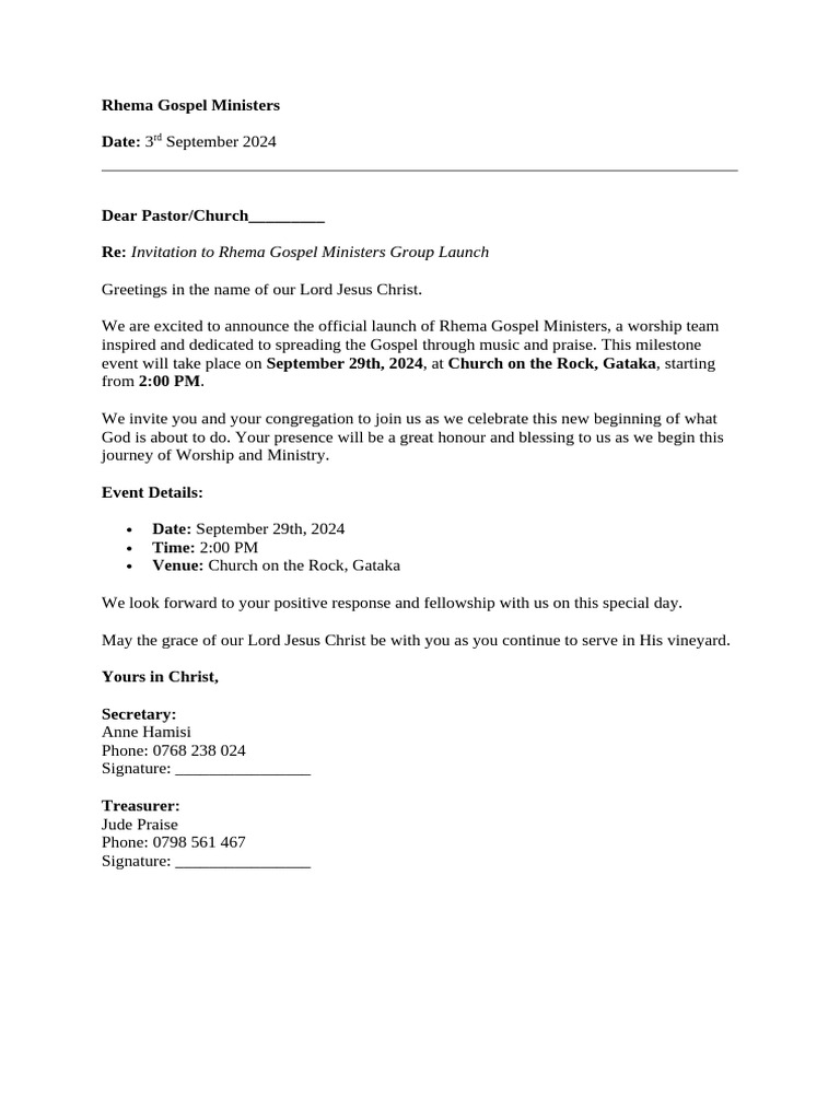 Rhema Gospel Ministers Invitation Letter | PDF