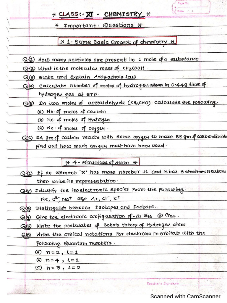 Chemistry - Important Questions-Class-XI | PDF