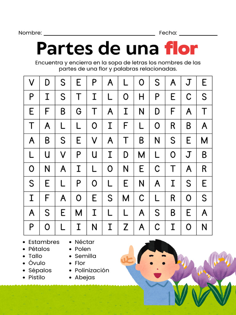 Sopa de letras: partes de la flor y polinización | PDF