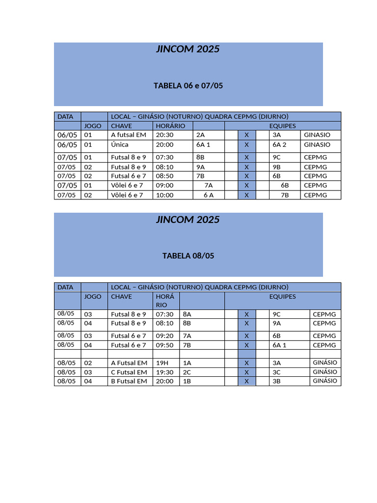 Tabelas de Jogos JINCOM 2025 | PDF | Voleibol | Jogos com bola