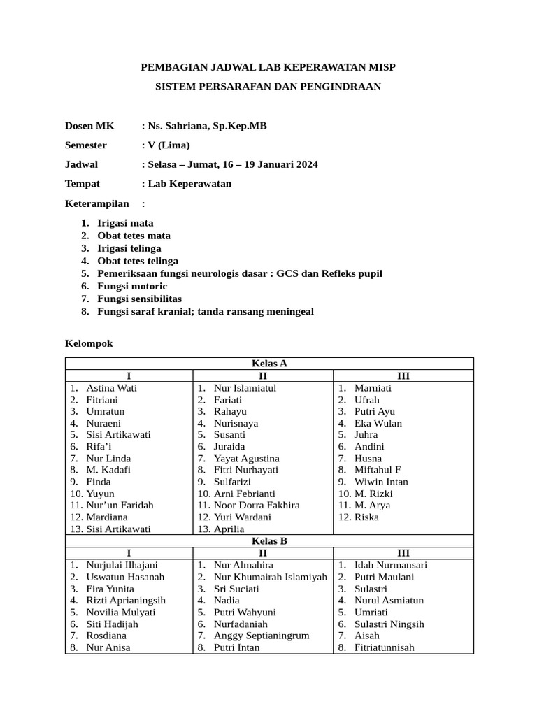PEMBAGIAN JADWAL LAB KEPERAWATAN MISP Sahriana | PDF
