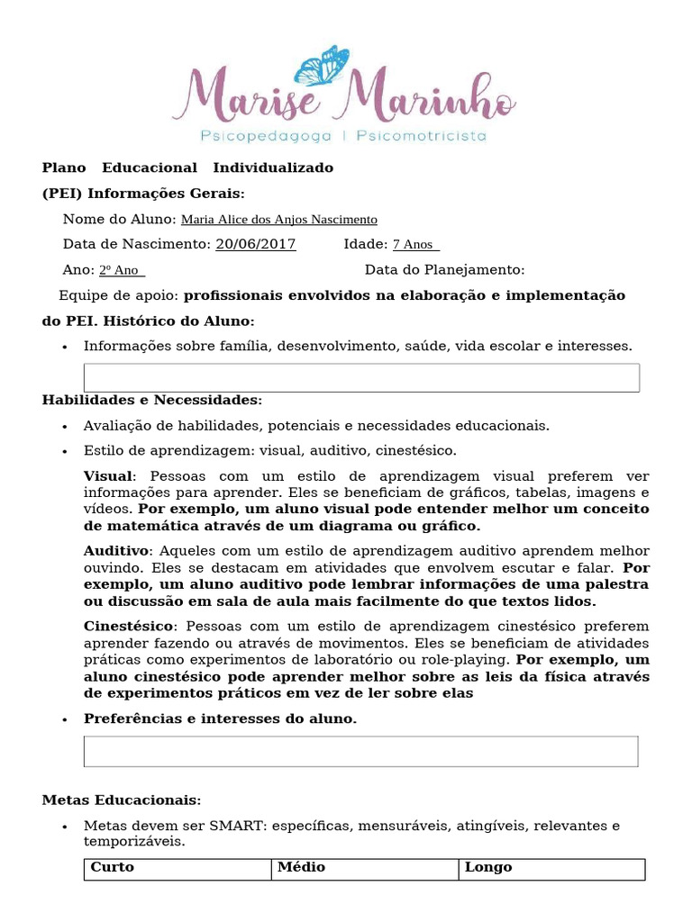 Plano Educacional Individualizado PEI | PDF | Estilos de aprendizagem ...