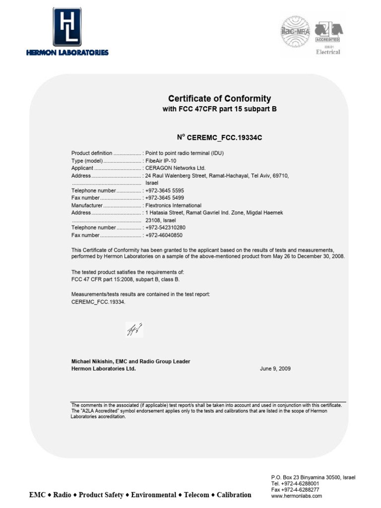 III - 1.5 Certificate - FibeAirIP-10 - EMC - FCC | PDF | Telecommunications