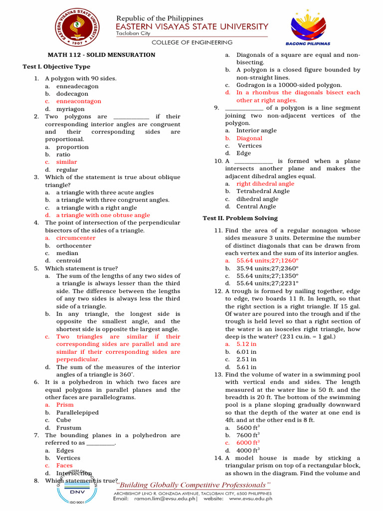 Solid Mensuration Ans Key 2 | PDF | Triangle | Geometric Shapes