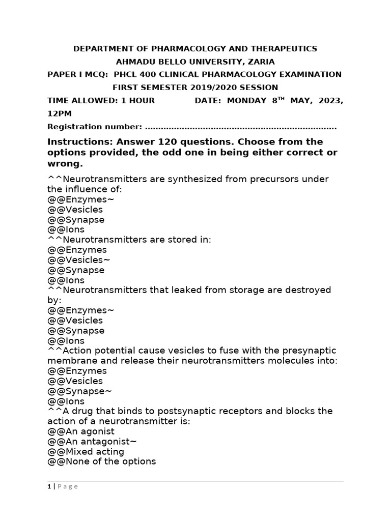 PHCL 400 Clinical Pharmacology Exam 2019 | PDF | Mental Disorder ...
