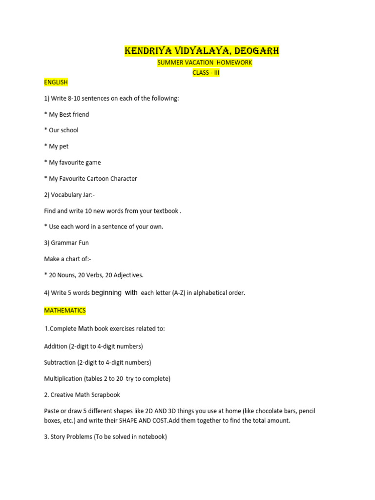 Class 3 Summer Vacation Homework | PDF | Mathematics | Linguistics