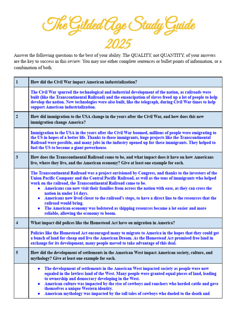 The Gilded Age Study Guide 2025 | PDF | Progressivism In The United ...
