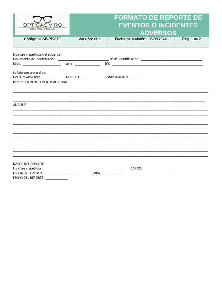 Formato Reporte de Eventos Adversos | PDF