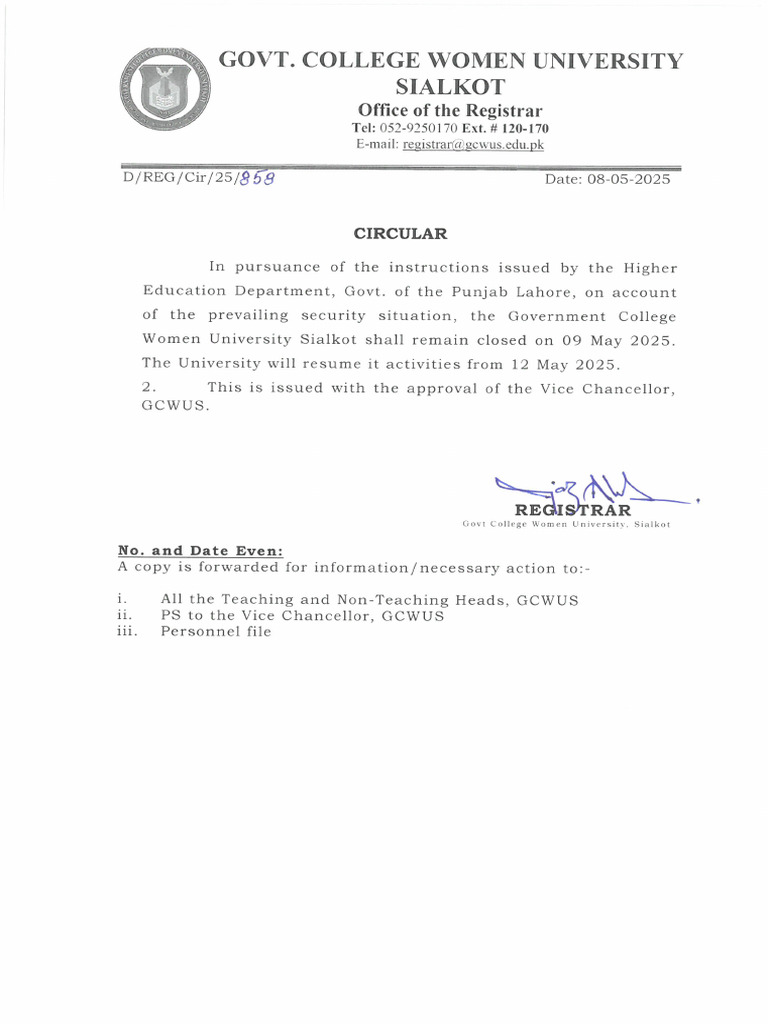 Circular - The GCWUS Shall Remain Closed On 09 May 2025, D REG Cir 25 ...