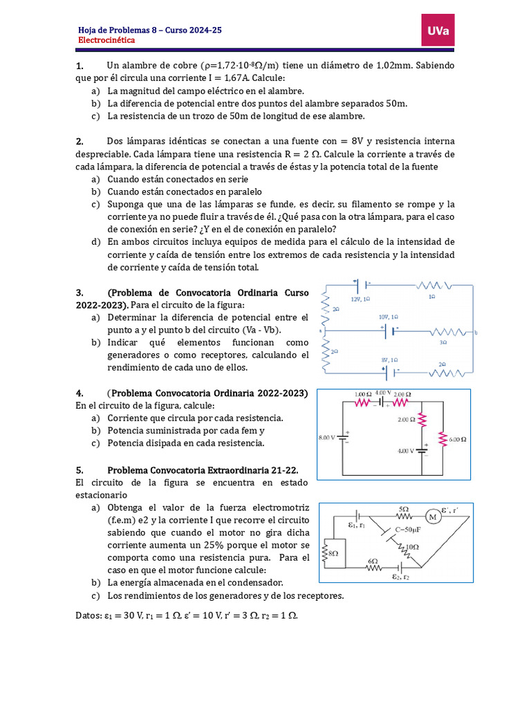 Hoja Problemas Electrocinética | PDF | Corriente eléctrica | Resistencia Eléctrica y Conductancia