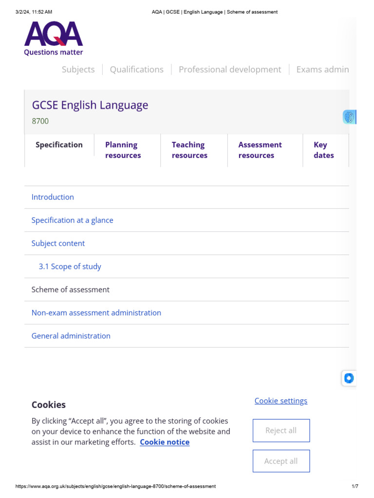 AQA - GCSE - English Language - Scheme of Assessment | PDF | Grammar ...