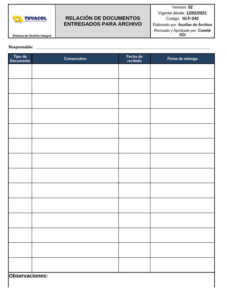Gi-F-042 Formato Relacion de Documentos Entregados para Archivo | PDF