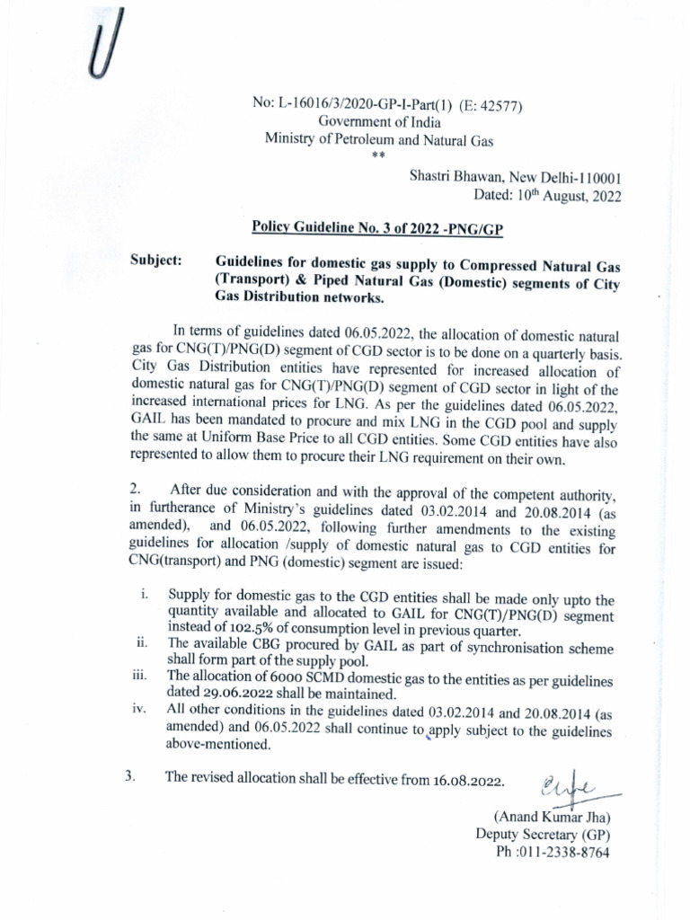 Policy Guidelines 3 of 2022 Reg Domestic Gas Supply To CGD | PDF ...