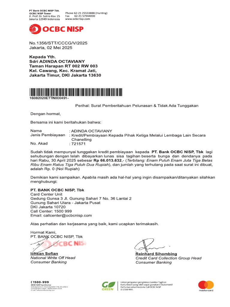 Surat Lunas Pinjaman KTA OCBC NISP-1 | PDF
