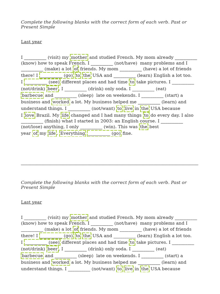 Exercise Complete With Past Simple or Present Simple | PDF