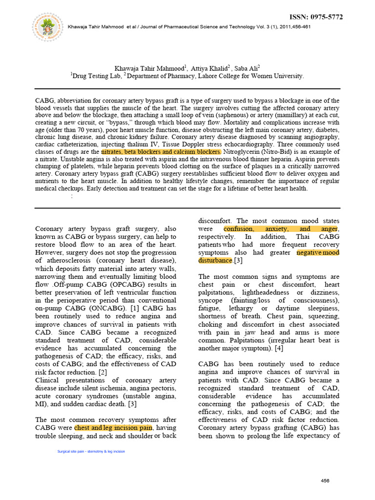 Management of Post Operative CABG Patients - A Review | PDF | Coronary ...